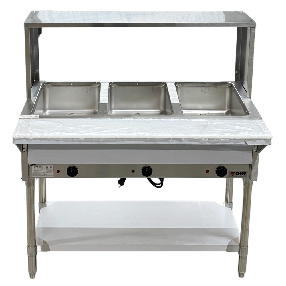 CHEF Electric Three Pan Steam Table with Sneeze Guard HN-3-240-S