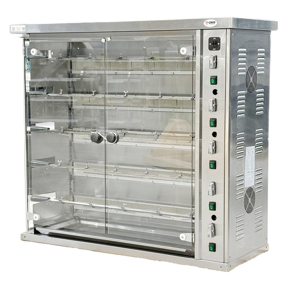 CHEF 47″ Countertop Natural Gas Rotisserie, 5 Spits, 20 Chicken Capaci